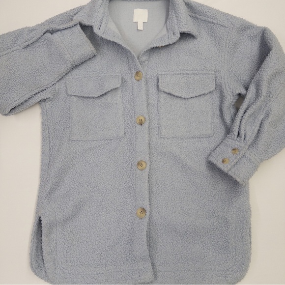 H&M | Jackets & Coats | Hm Teddy Fleece Shirt Jacket Blue Button Up ...
